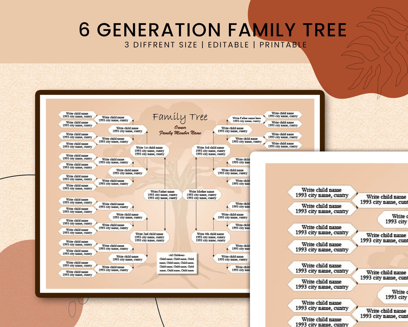 Six Generation Family Tree Template PDF - Etsy