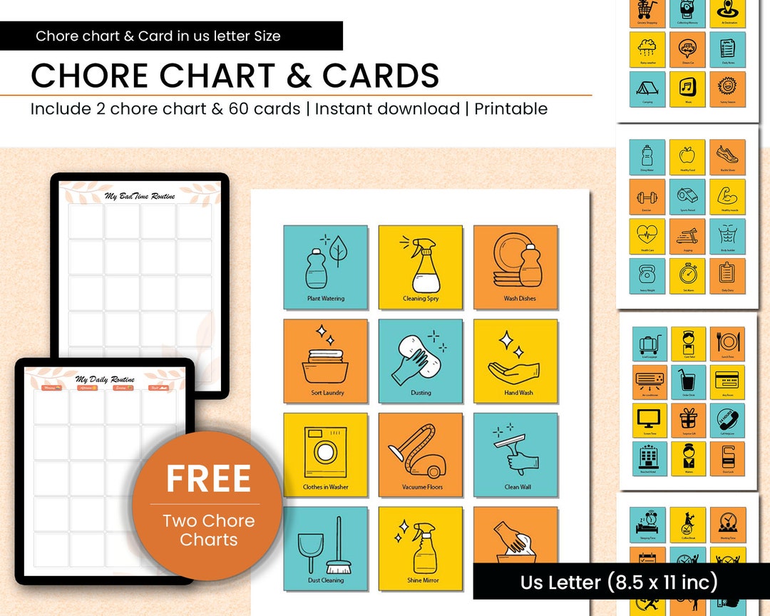 Editable Chore Chart & Cards for Kids Includes 2 Chore Charts 60 Cards ...