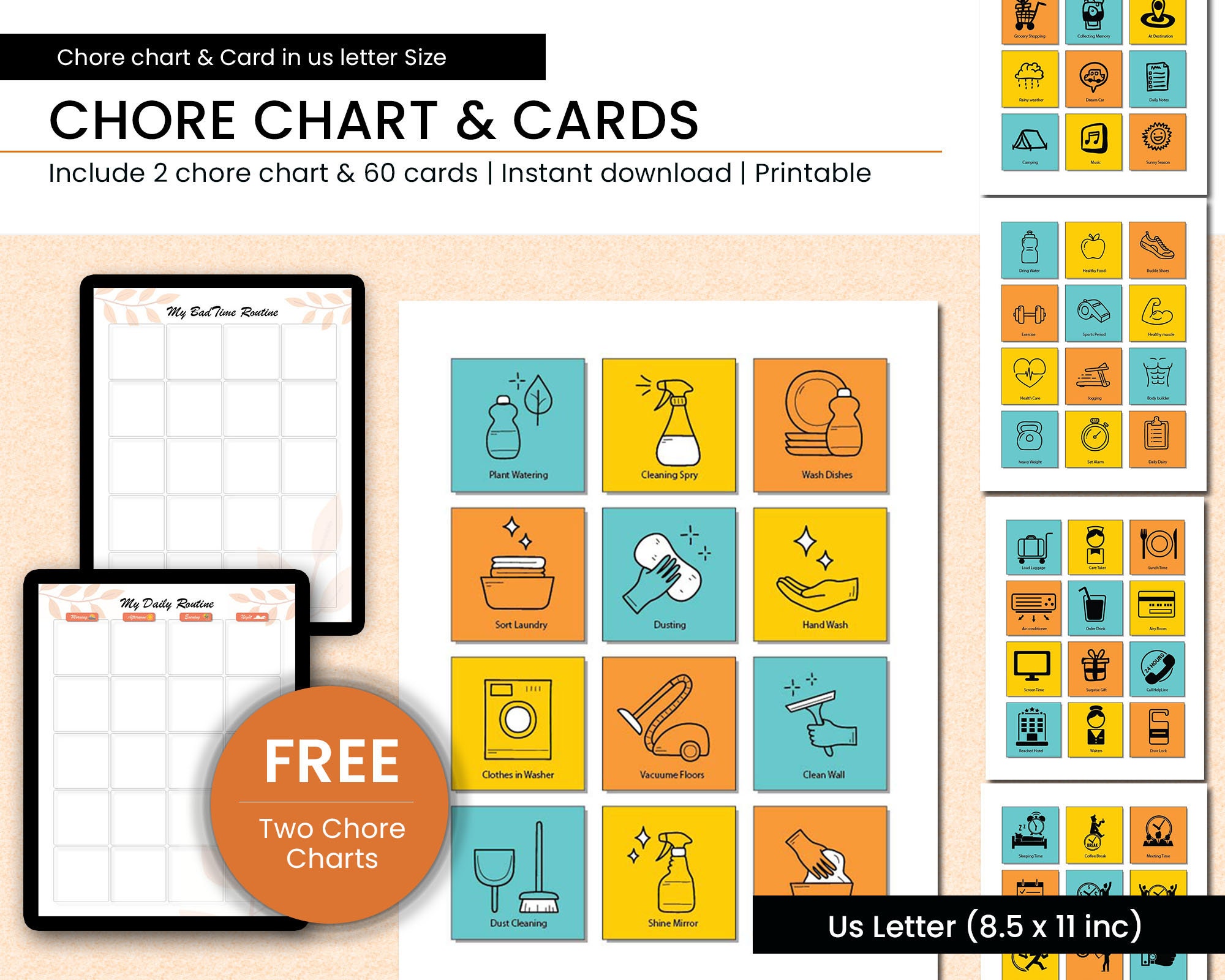 Editable Chore Chart & Cards for Kids Includes 2 Chore Charts 60 Cards ...