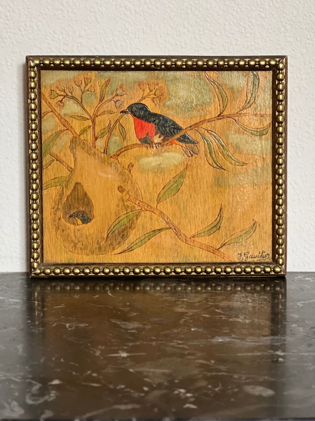 Framed Vintage Pyrography Signed J. Gauthier / Pyrography and Bird ...