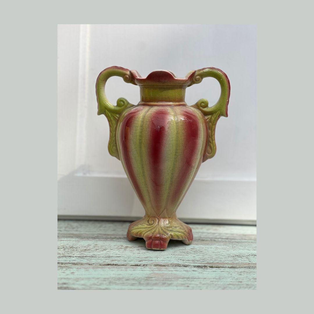 Small Antique Vase With Handles From the Early 1900s, Light Green With ...