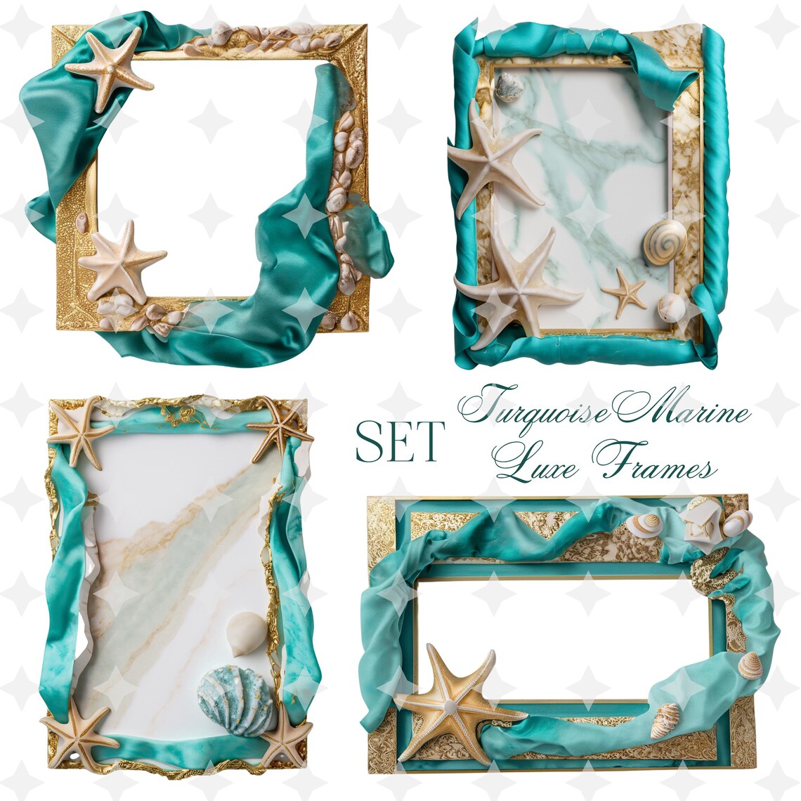 Set of 4 Luxury Turquoise Sea Frames – Digital PNG Files With Starfish ...
