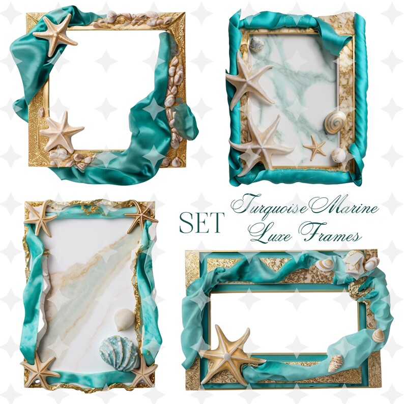 Set of 4 Turquoise Marine Luxe Frames – PNG Digital Files With Starfish, Shells and Gold for ...