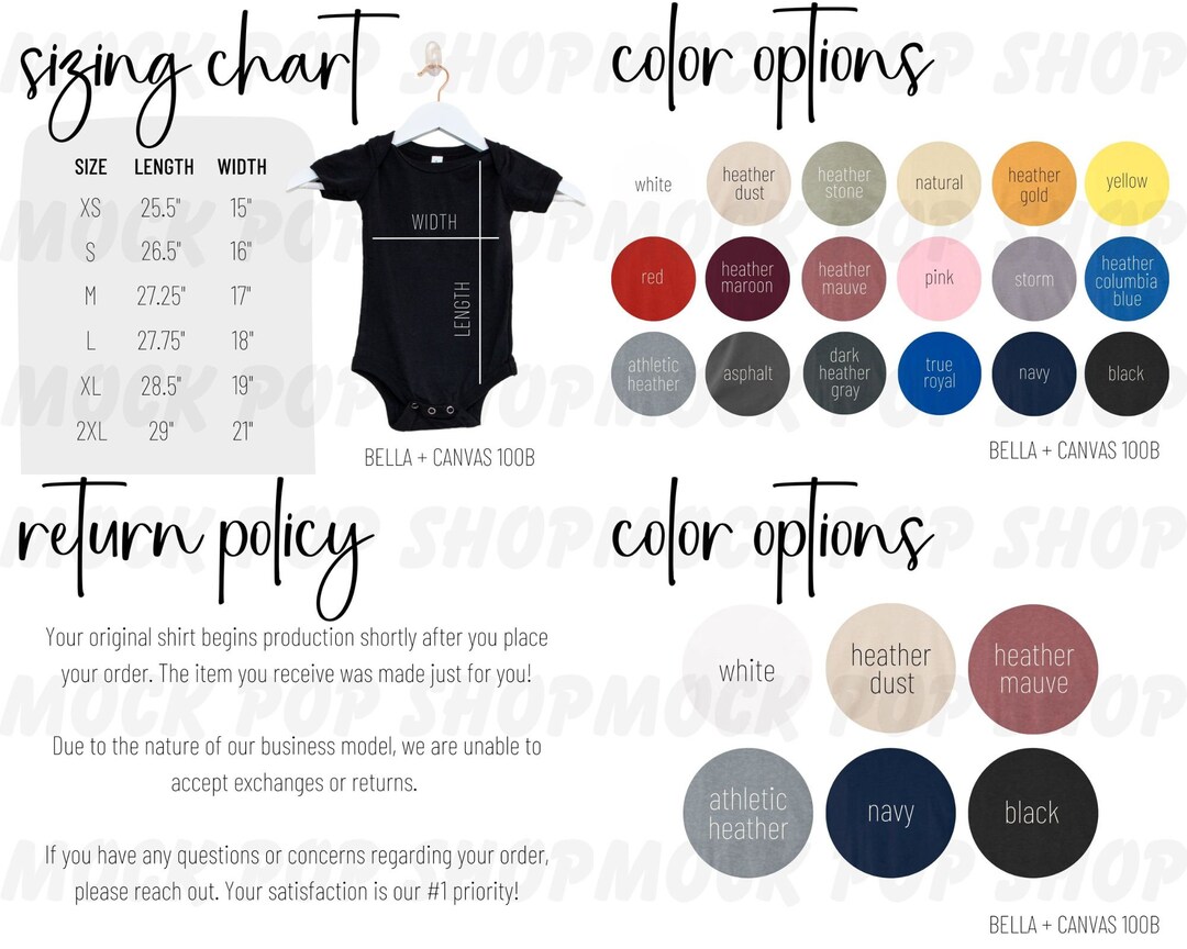 Bella + Canvas 100B Onesie Baby One Piece Editable Size Chart Color ...