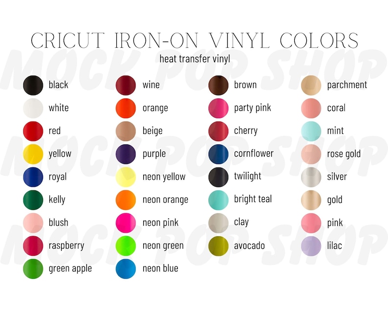 Cricut Iron on Heat Transfer Vinyl Color Options Editable Color Chart ...