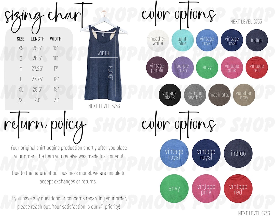 Next Level 6733 Tank Top Editable Size Chart Color Chart Canva Bundle ...