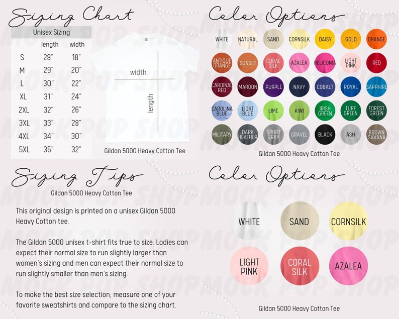 Gildan 5000 Editable Size Chart Color Chart Bundle Etsy