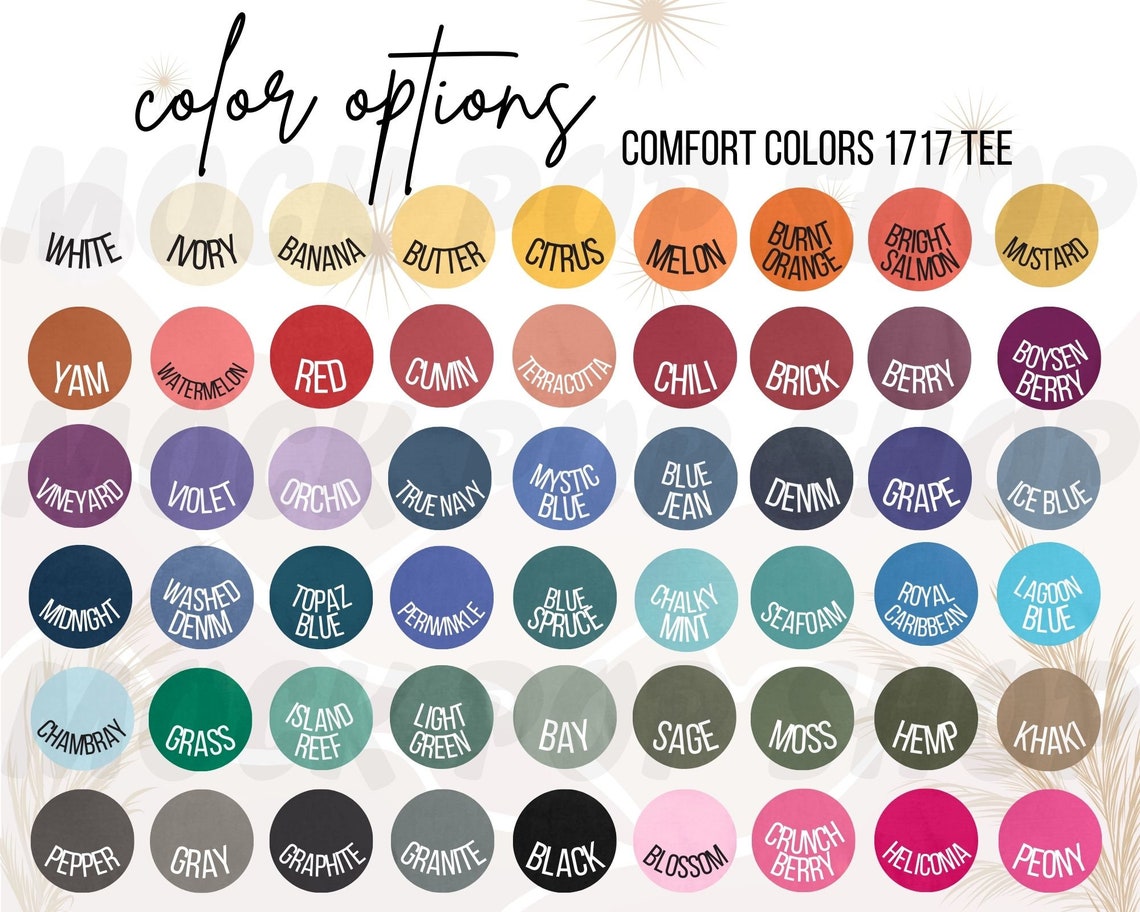 Comfort Colors 1717 Boho Size Chart Color Chart Editable Template ...