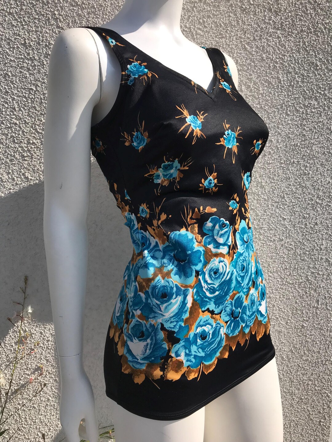 Vintage Women's 60s TURBO Black Swimsuit With Floral Pattern Bright ...