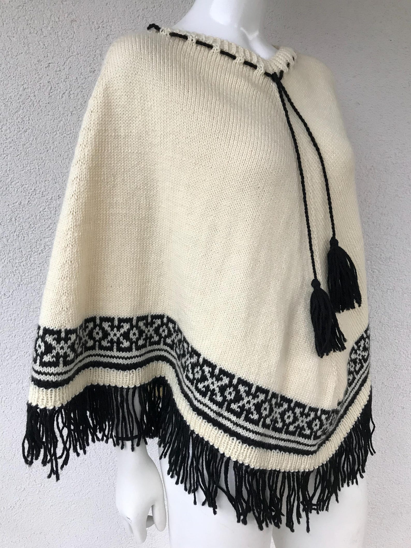 Vintage Women's Poncho Shrug Native Pattern Fringed Hand Knit Cape ...