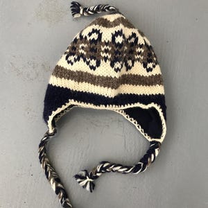 Vtg Woolen Cap With Ear Flaps Wool Knitted Cream Patterned Cap Winter ...