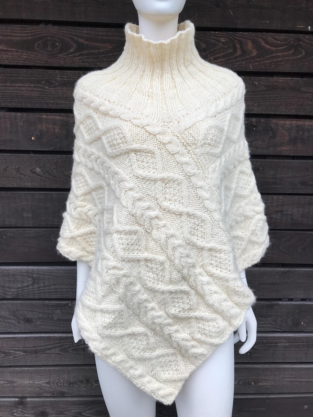 Vintage Hand Knit Wool Cape Sweater Braid Pattern Cream Cape Wool ...