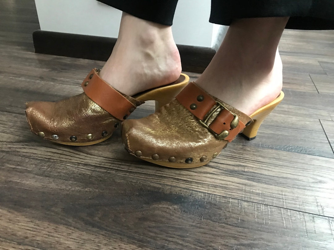 Vintage Fluxá 1990 High Heel Clogs Leather Clogs Copper Gold Leather ...