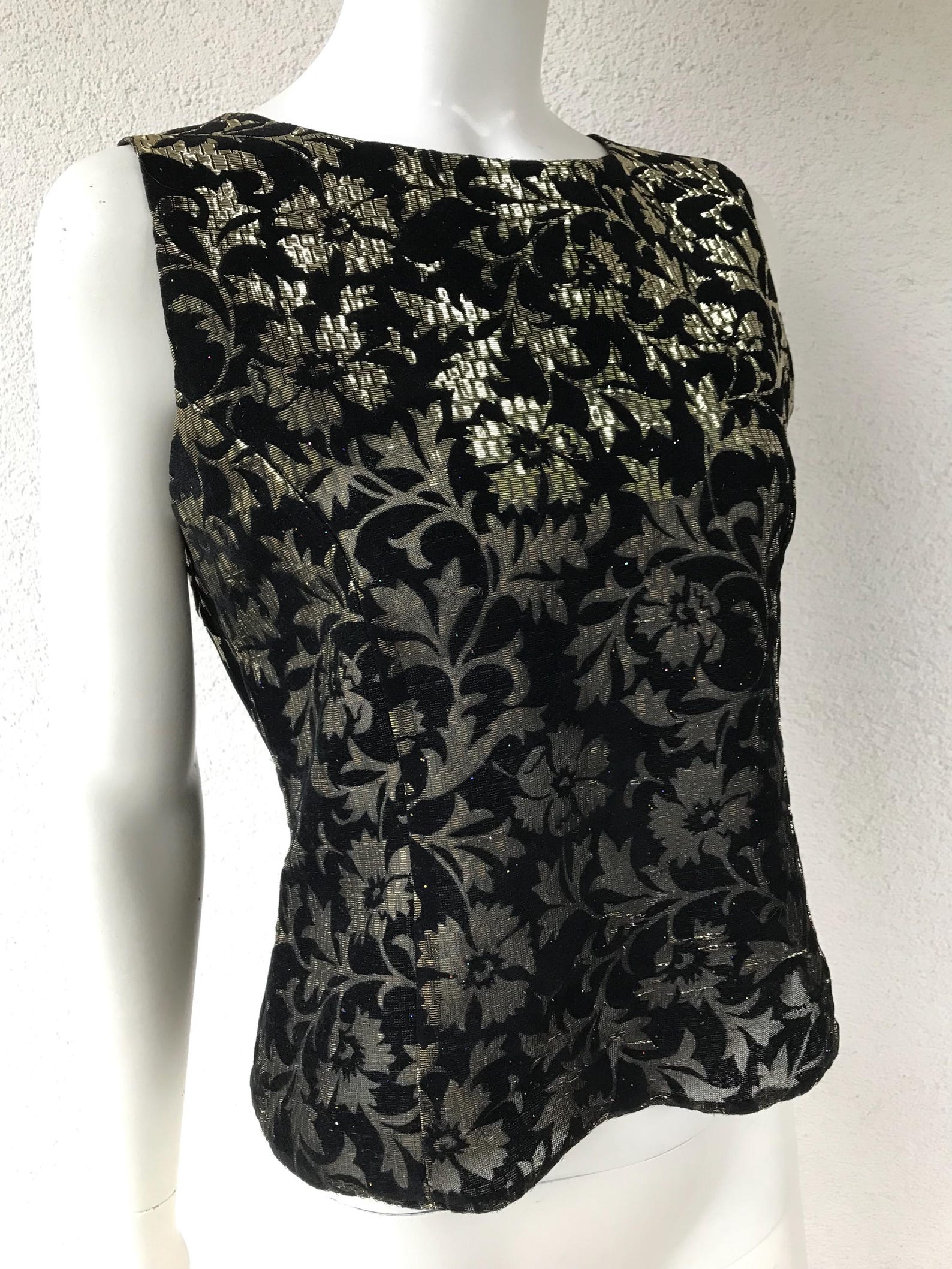 Vintage 80s Black Shiny Blouse Evening Top Party Lurex Shirt Sleeveless ...