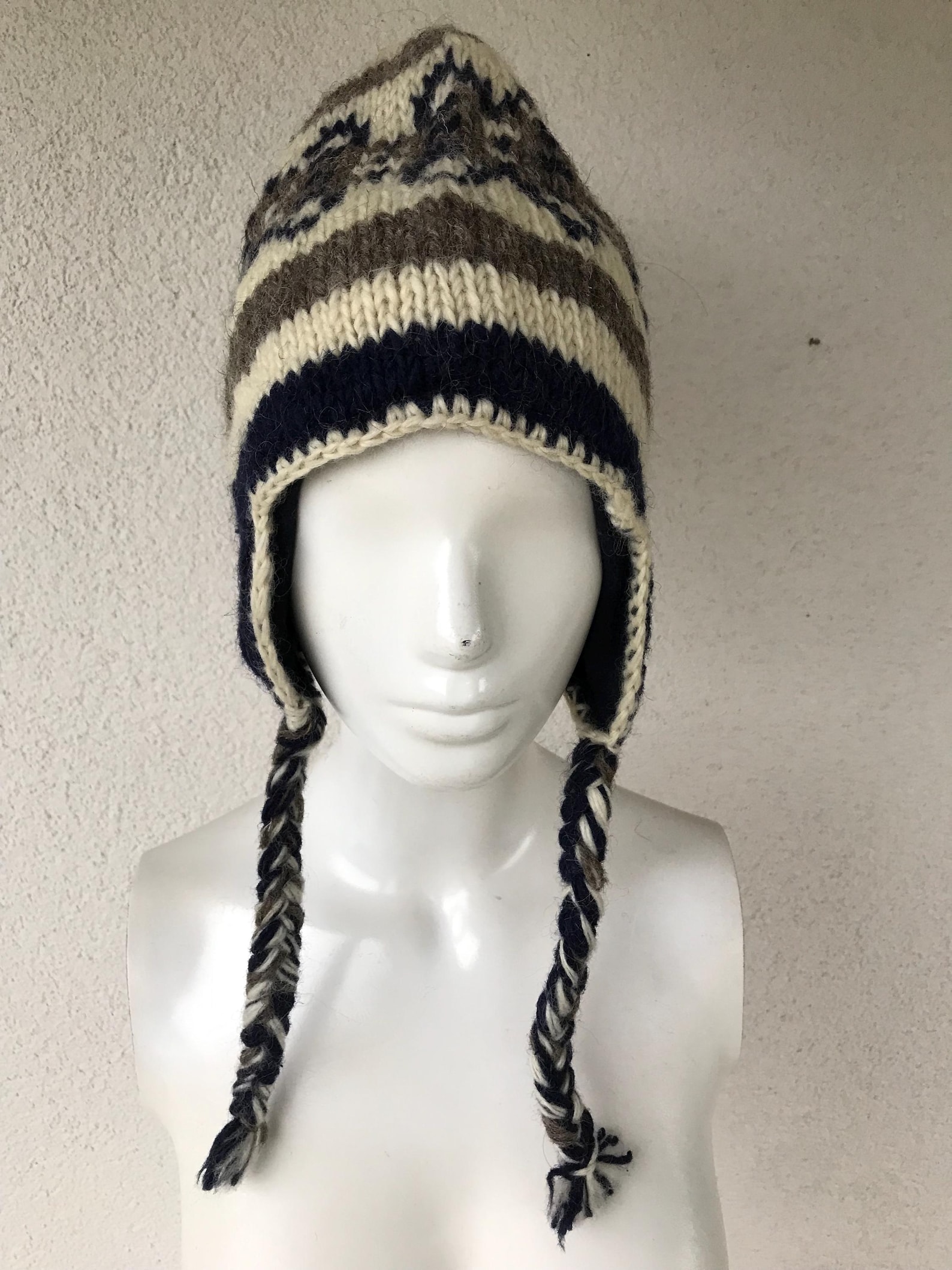 Vtg Woolen Cap With Ear Flaps Wool Knitted Cream Patterned Cap Winter ...