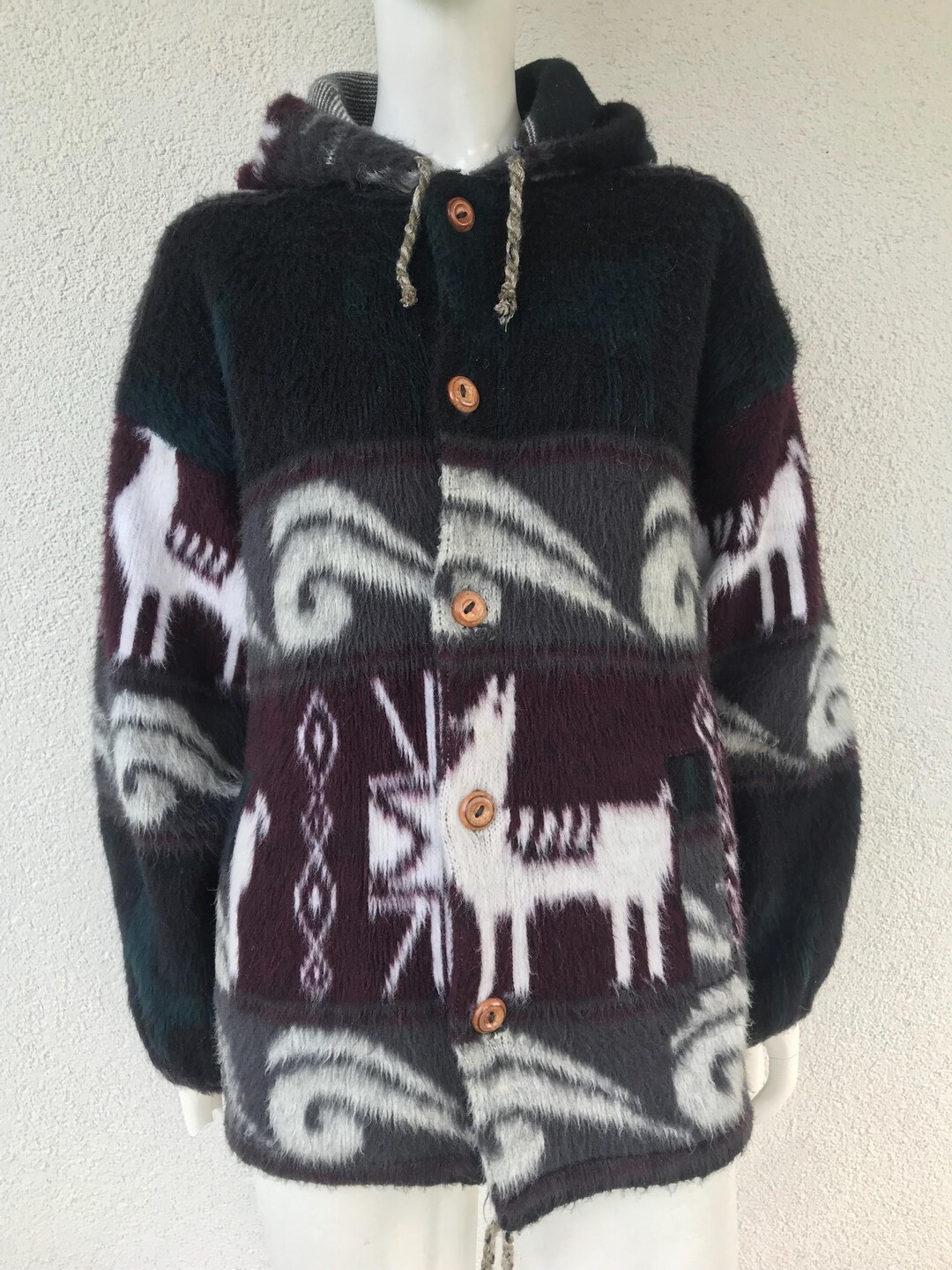 Vintage Ecuador Handmade Alpaca Wool Jacket With Hood Llama Pattern ...