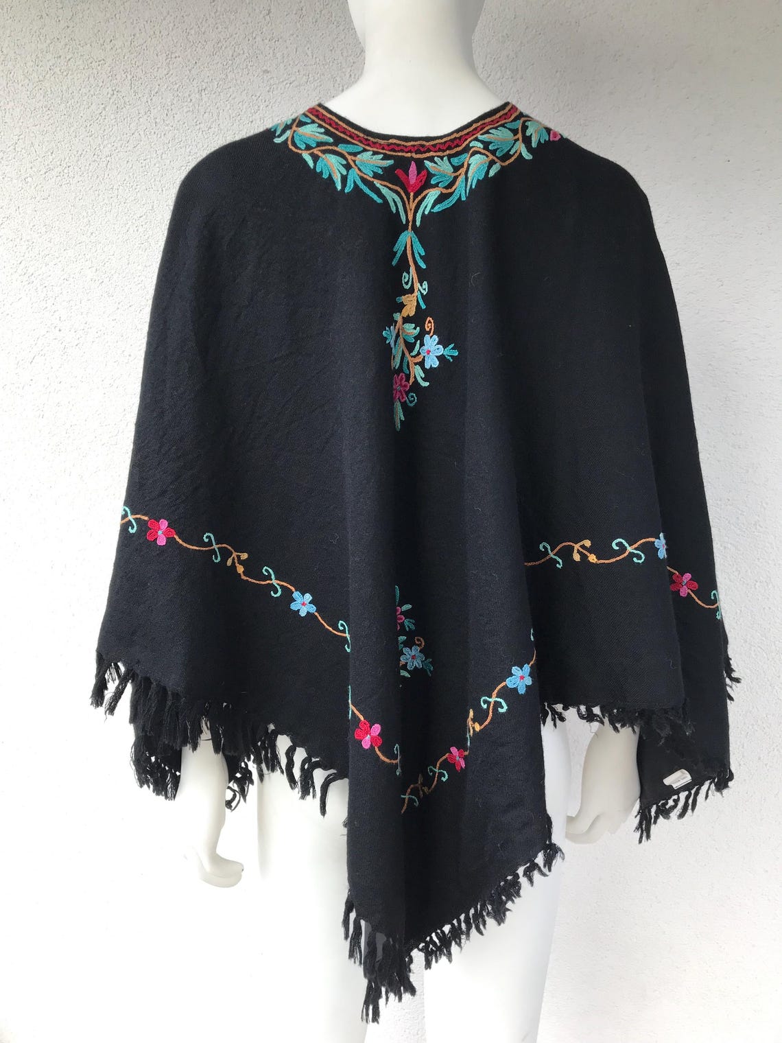 Vintage Black Wool Cape Aari Embroidered Poncho Shawl With Floral ...