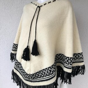 Vintage Women's Poncho Shrug Native Pattern Fringed Hand Knit Cape ...