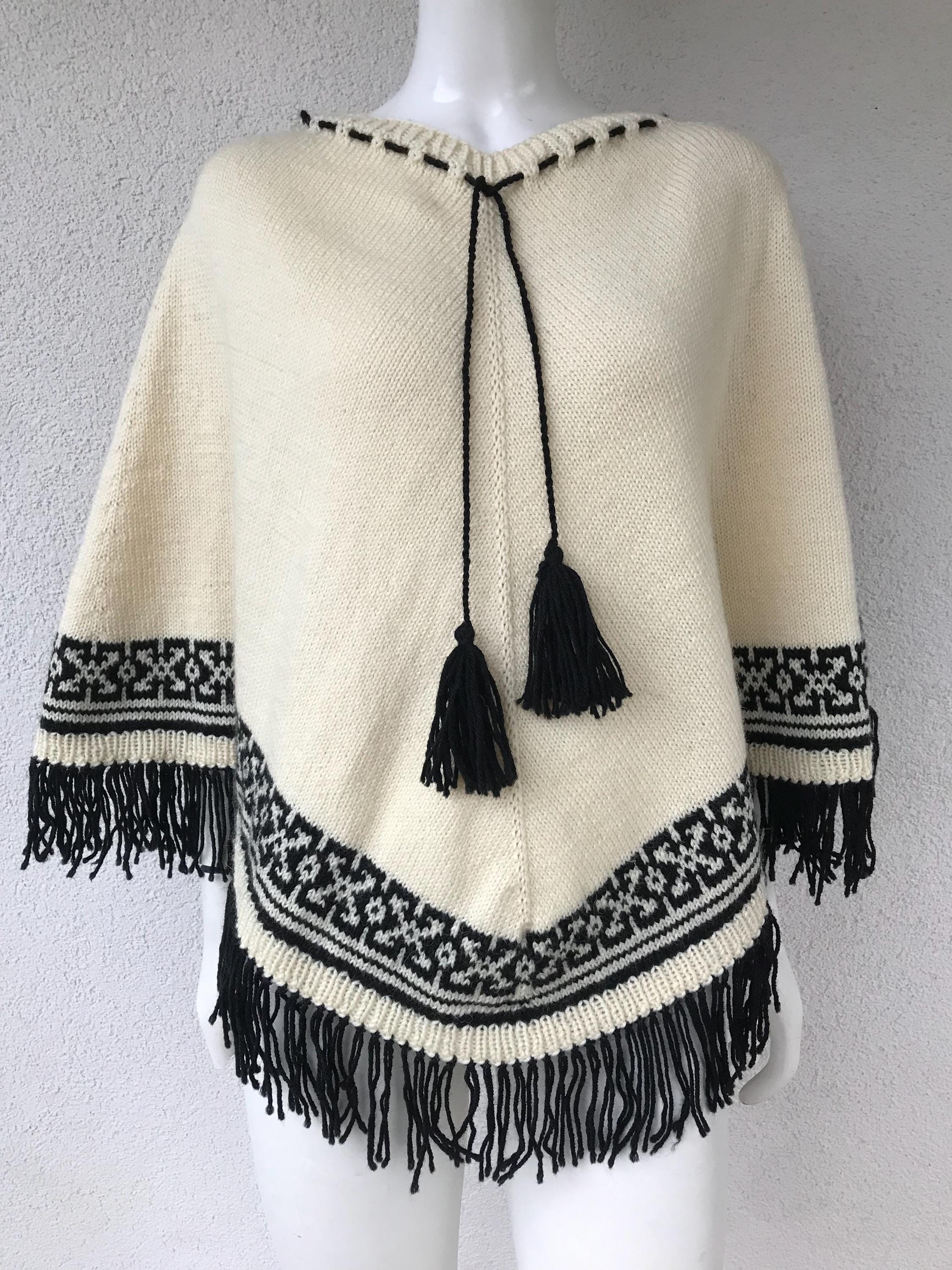 Vintage Women's Poncho Shrug Native Pattern Fringed Hand Knit Cape ...