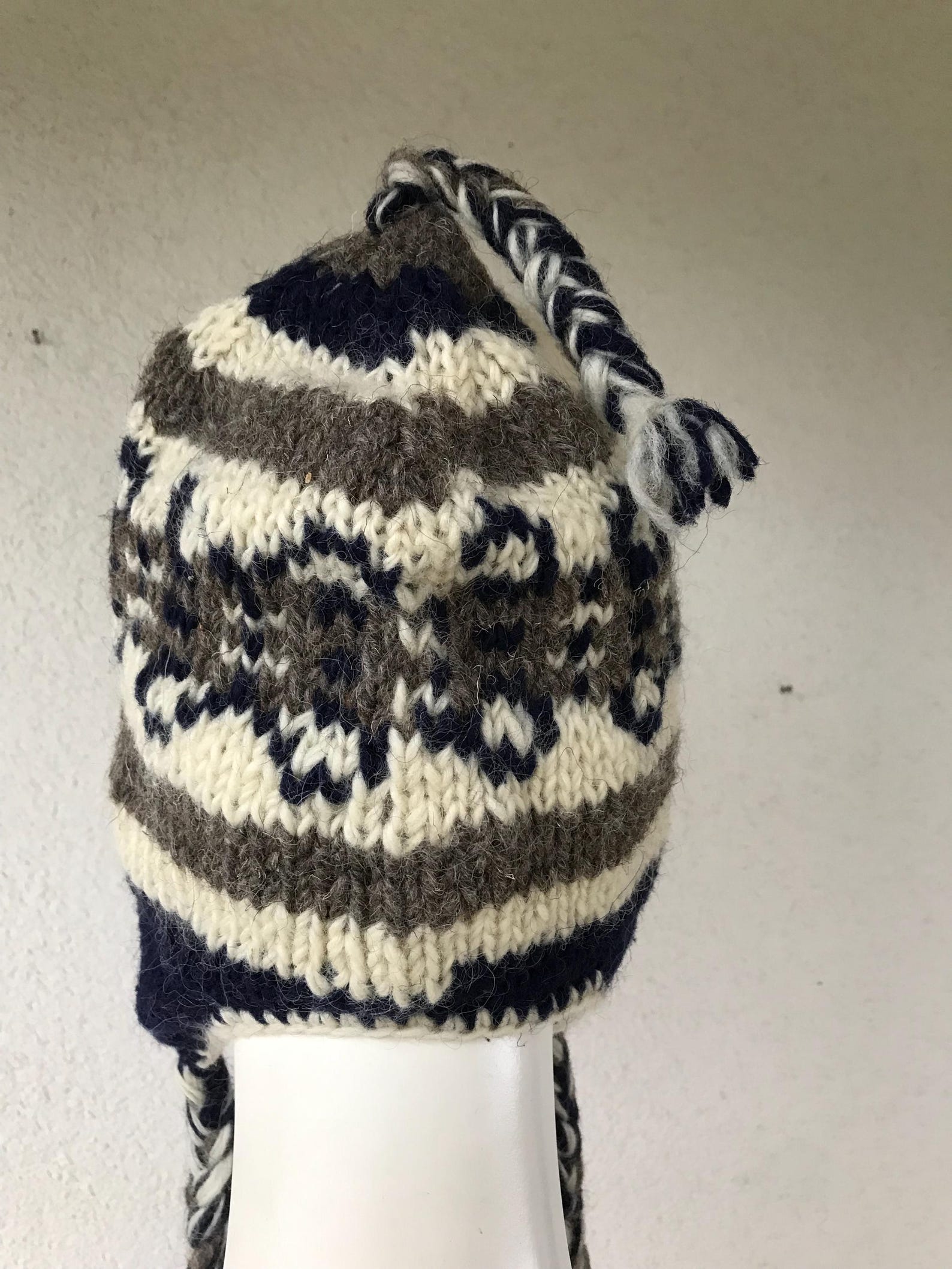 Vtg Woolen Cap With Ear Flaps Wool Knitted Cream Patterned Cap Winter ...