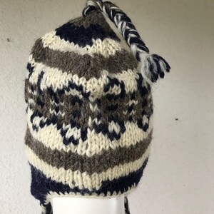 Vtg Woolen Cap With Ear Flaps Wool Knitted Cream Patterned Cap Winter ...