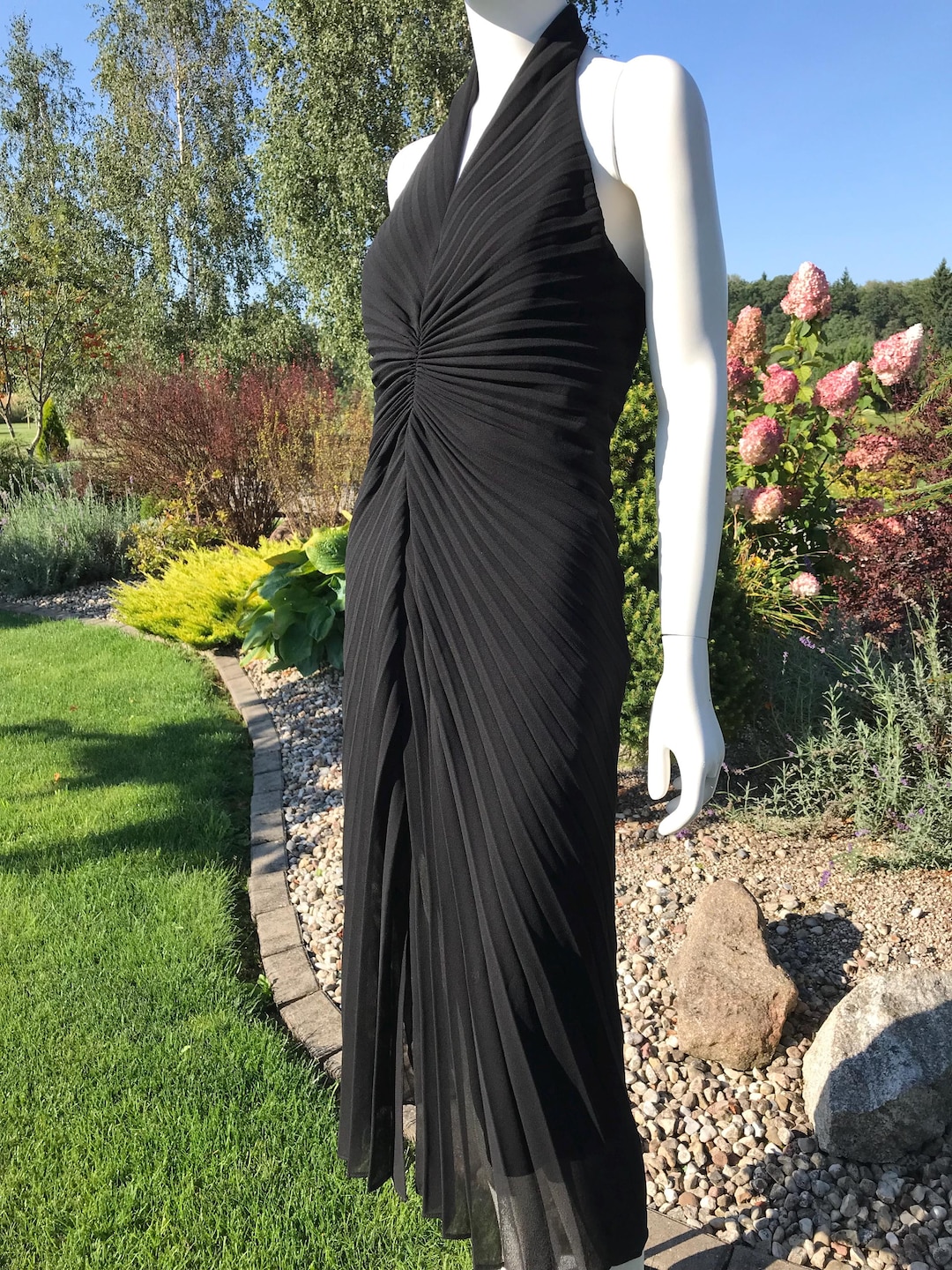 Vintage Joseph Ribkoff Black Neckholder Accordion Pleated Dress Midi ...