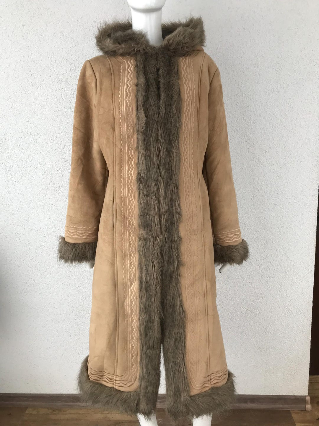 Vintage Bonded Suede Coat Light Brown Beige Embroidered Long Vegan ...