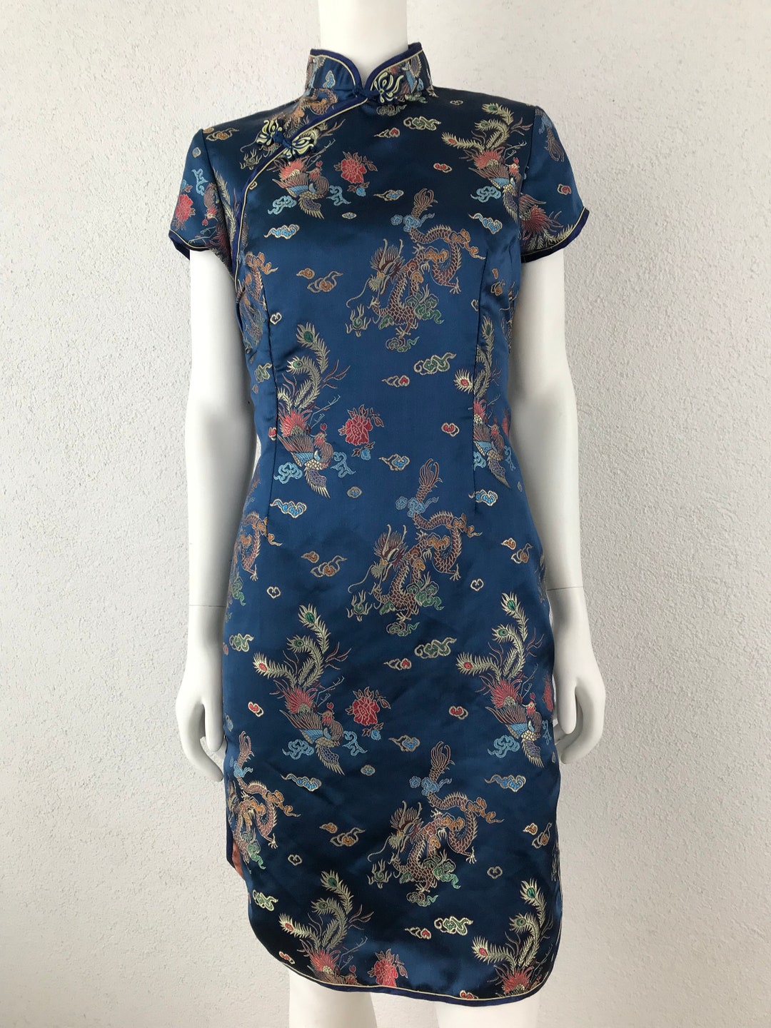 Vintage 90s Blue Satin Chinese Top Dress Mandarin Collar Button up by ...
