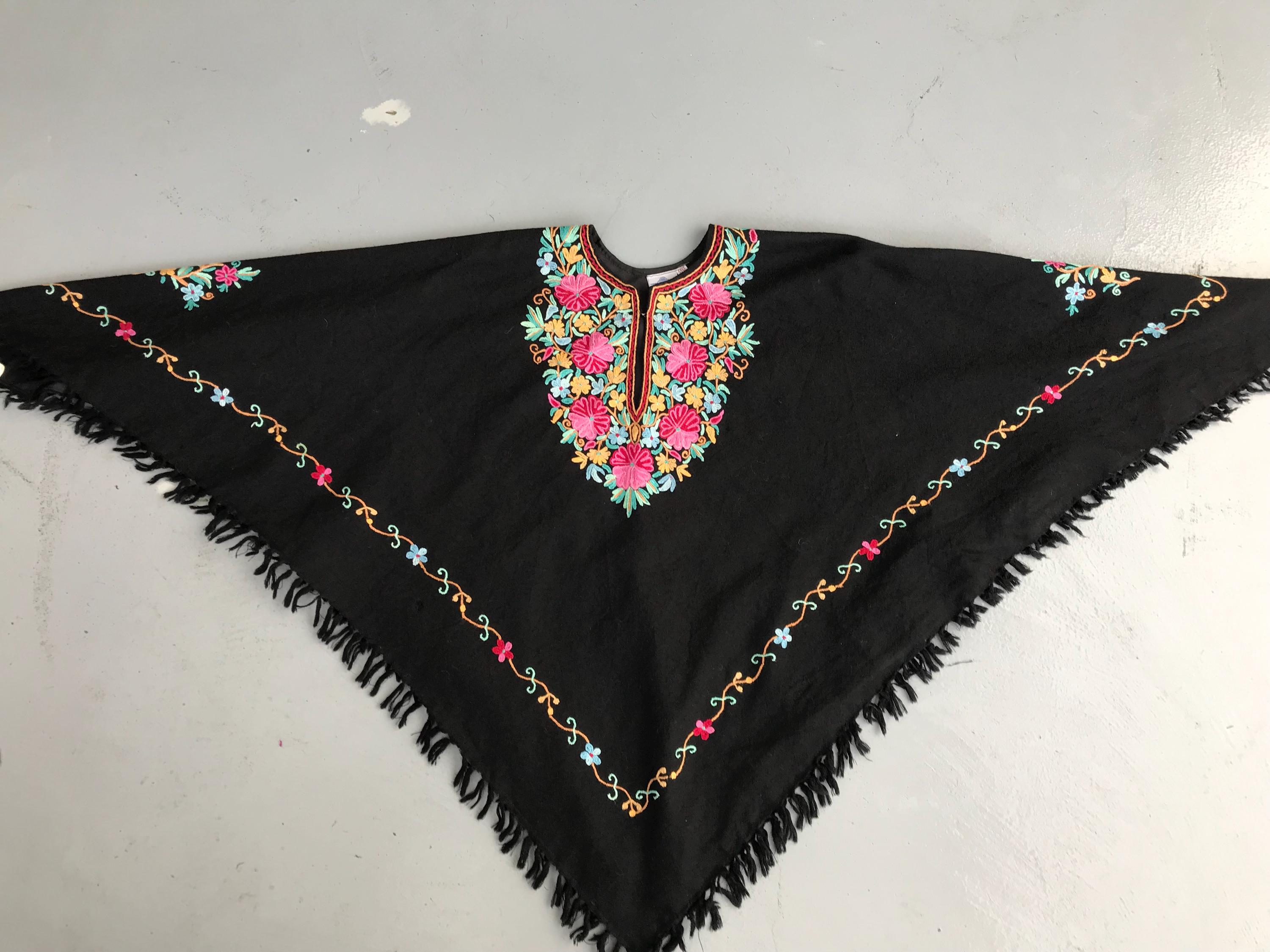 Vintage Black Wool Cape Aari Embroidered Poncho Shawl With Floral ...