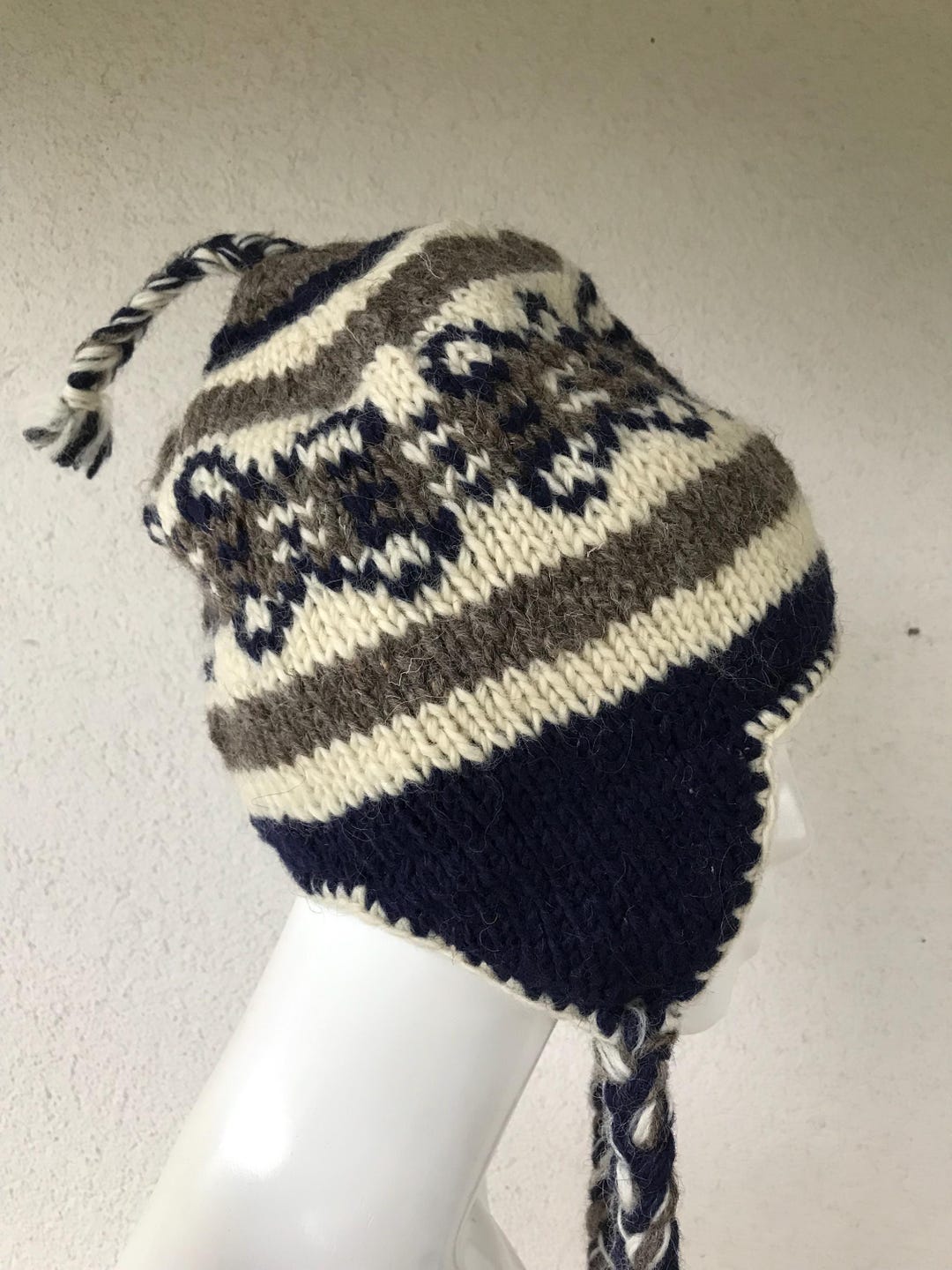 Vtg Woolen Cap With Ear Flaps Wool Knitted Cream Patterned Cap Winter ...