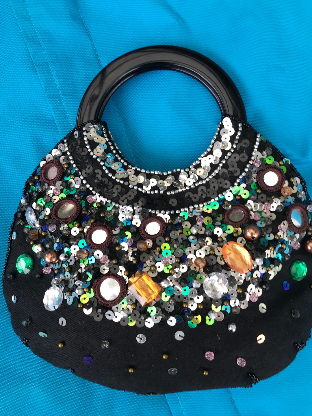 Vintage Black Mini Handbag Plastic Round Handles Sequin Mini Clutch Bag ...