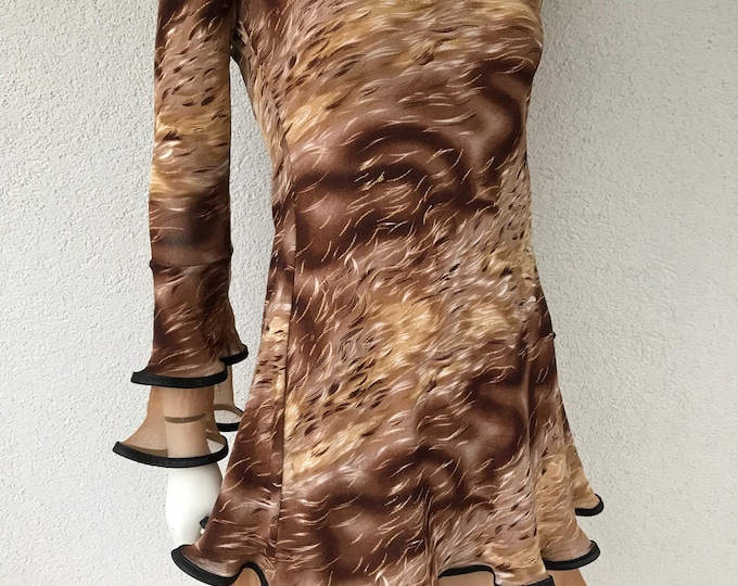 Vintage Tulle Beige Brown Frilled Dress Ruffle Collar Frill Long Sleeve ...