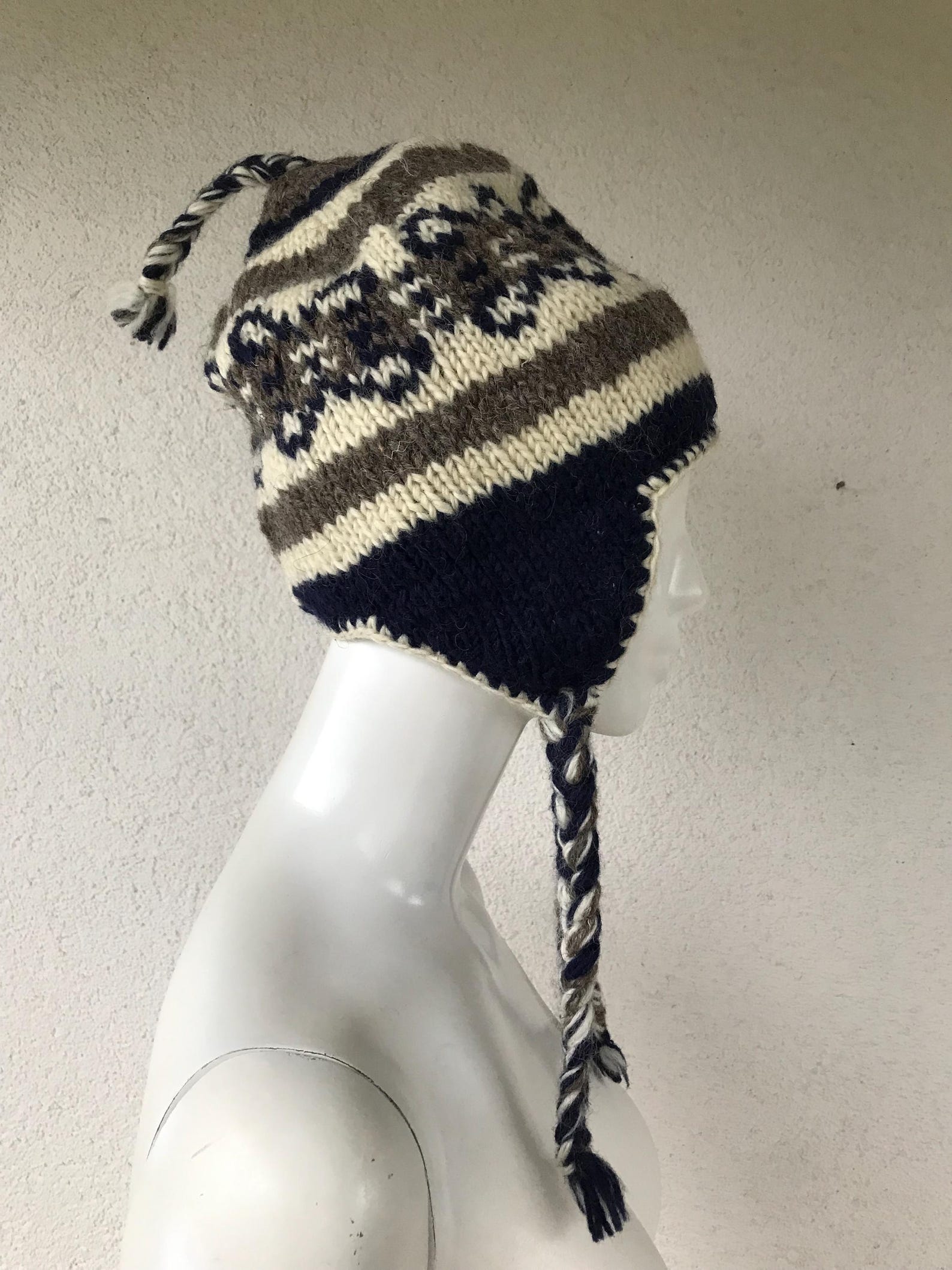 Vtg Woolen Cap With Ear Flaps Wool Knitted Cream Patterned Cap Winter ...