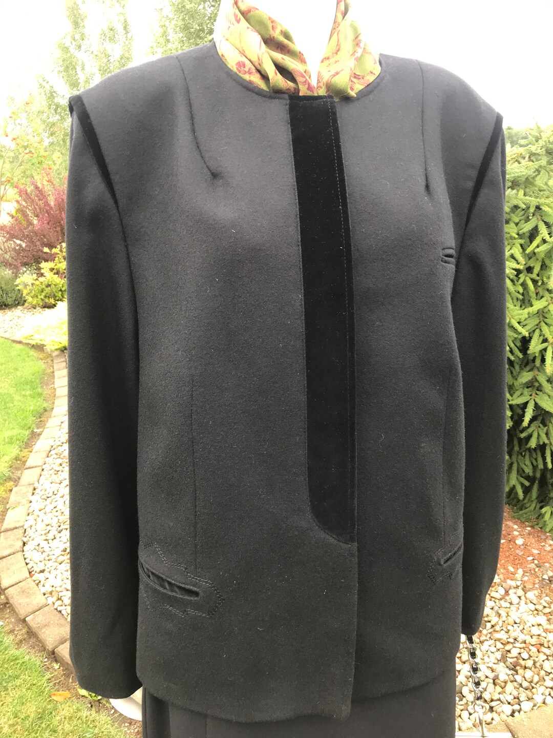 Vintage Black BASLER Wool Jacket Blazer With Velvet Long Sleeve Button ...