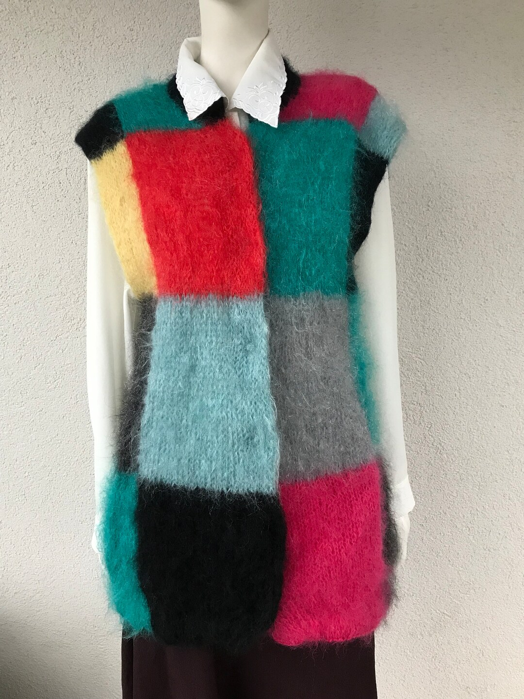Vintage 90s Hand Knitted Mohair Wool Colourful VEST Waistcoat ...