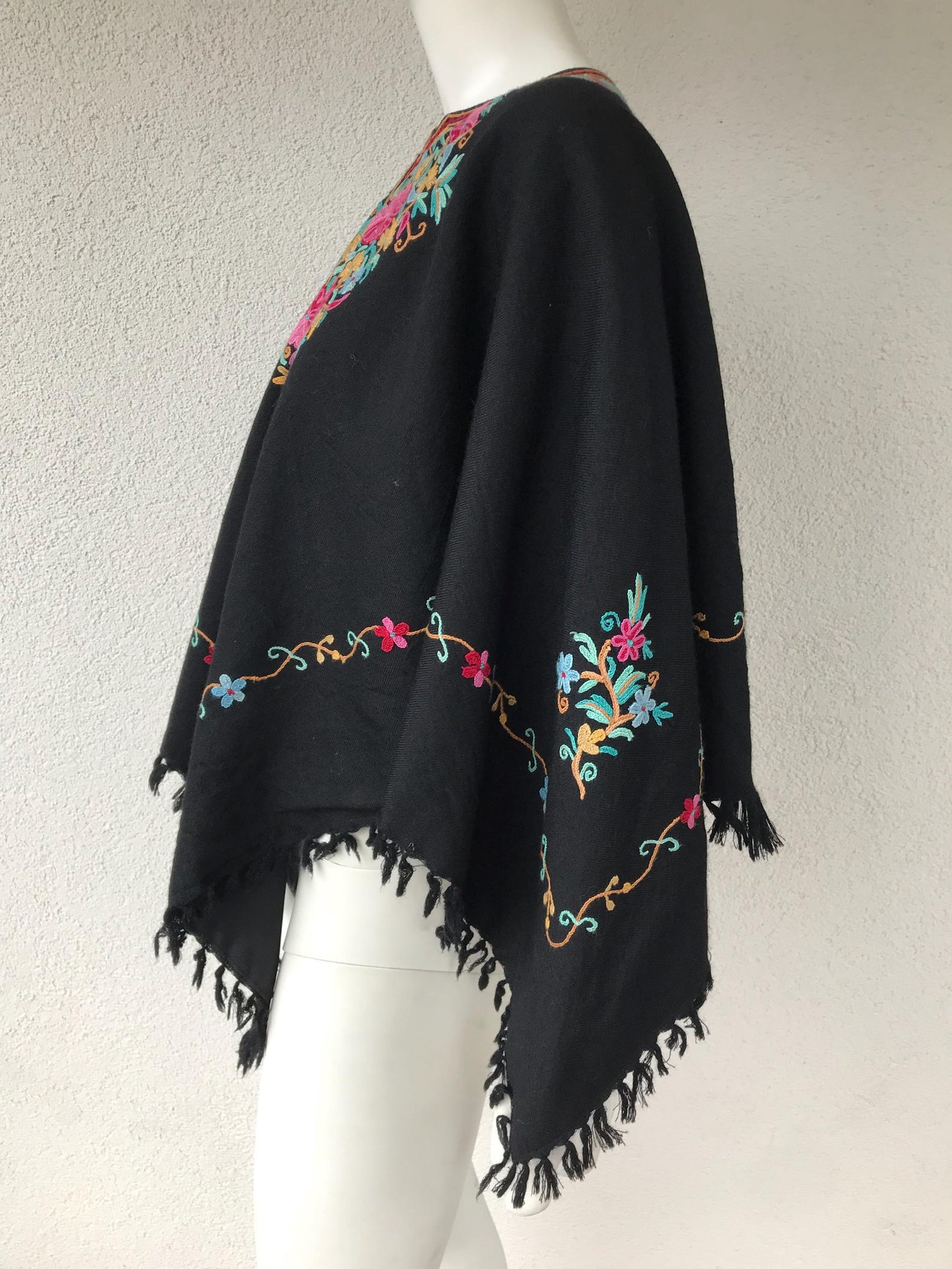 Vintage Black Wool Cape Aari Embroidered Poncho Shawl With Floral ...
