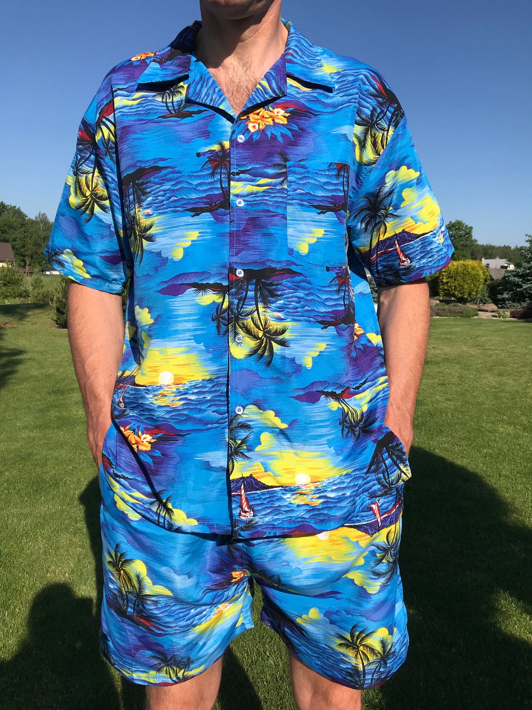Vintage Men's Tropical Short Set Palm Print Short Set Blue Short Set ...