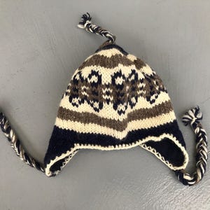 Vtg Woolen Cap With Ear Flaps Wool Knitted Cream Patterned Cap Winter ...