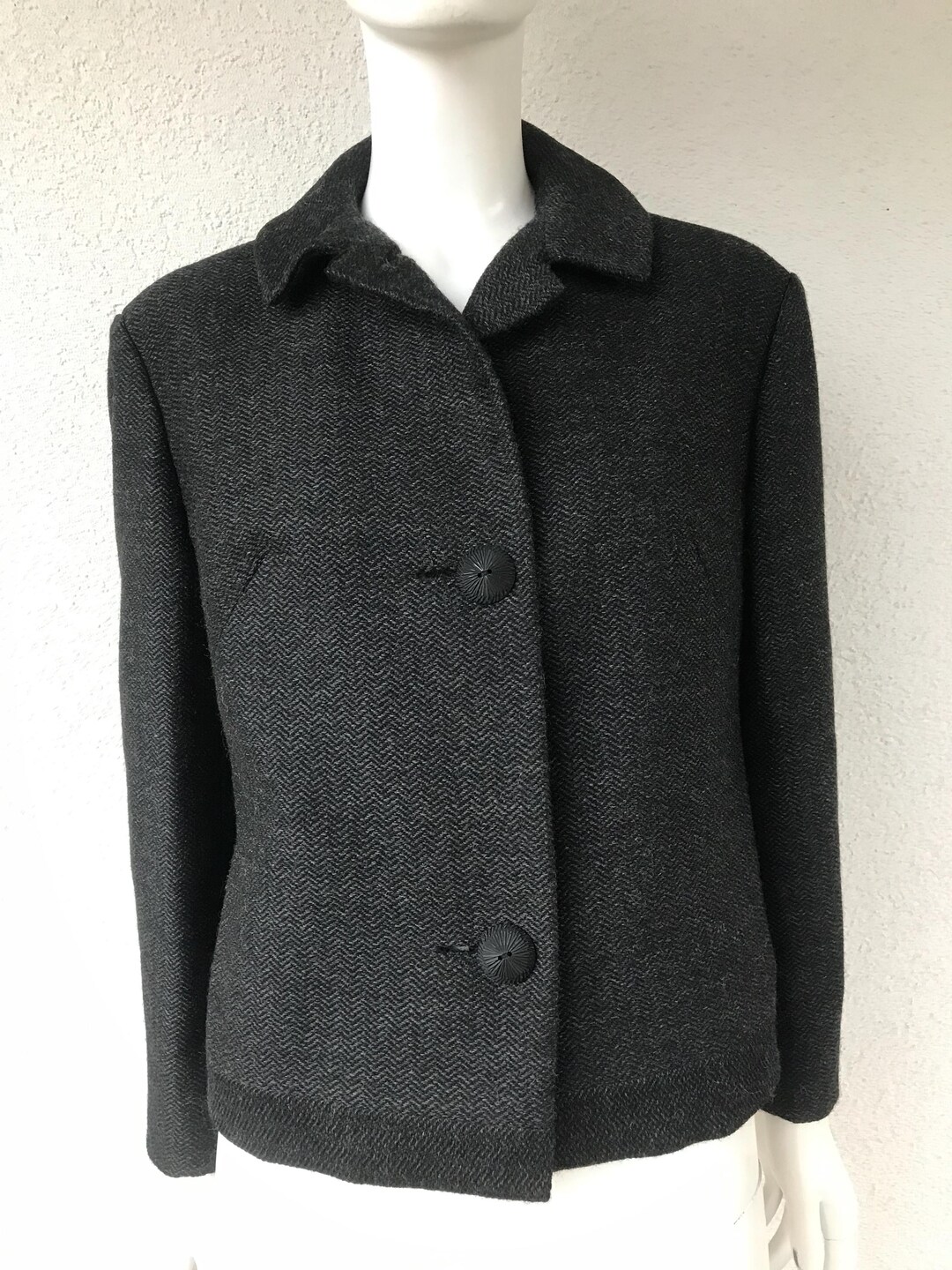 Vintage 80s Beka Wool Tweed Cropped Blazer Dark Gray Woven Button up ...