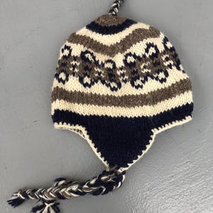 Vtg Woolen Cap With Ear Flaps Wool Knitted Cream Patterned Cap Winter ...