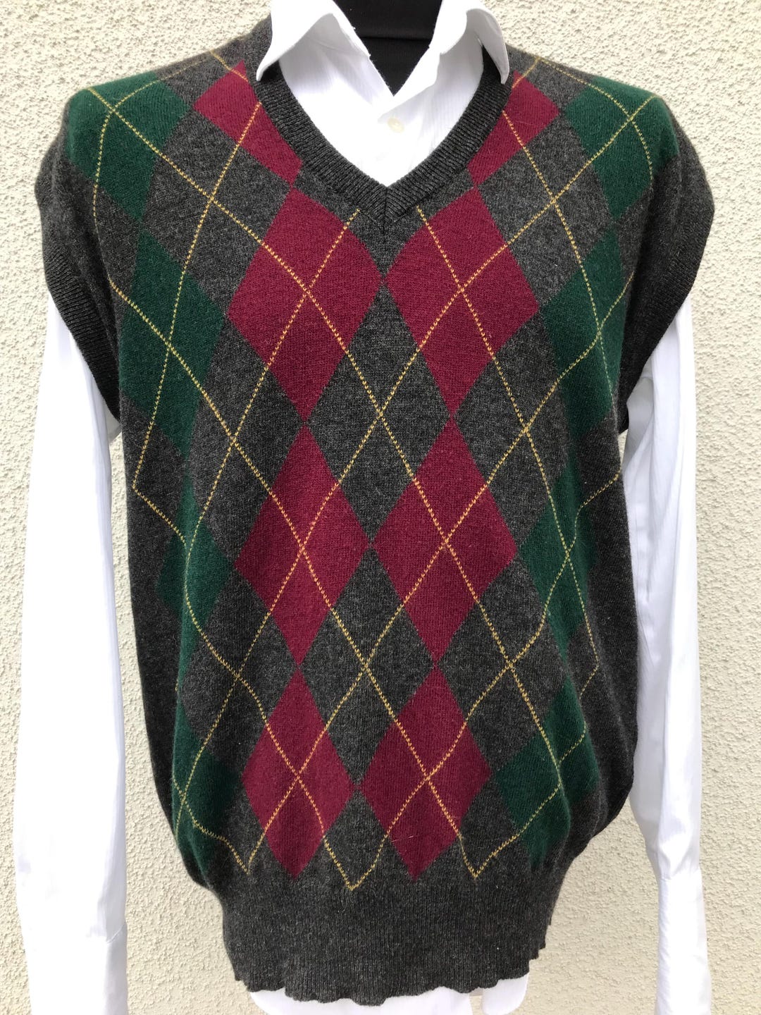 Vintage 90s Wool Plaid Vest Checkered Knit Vest Sleeveless Vest V-neck ...