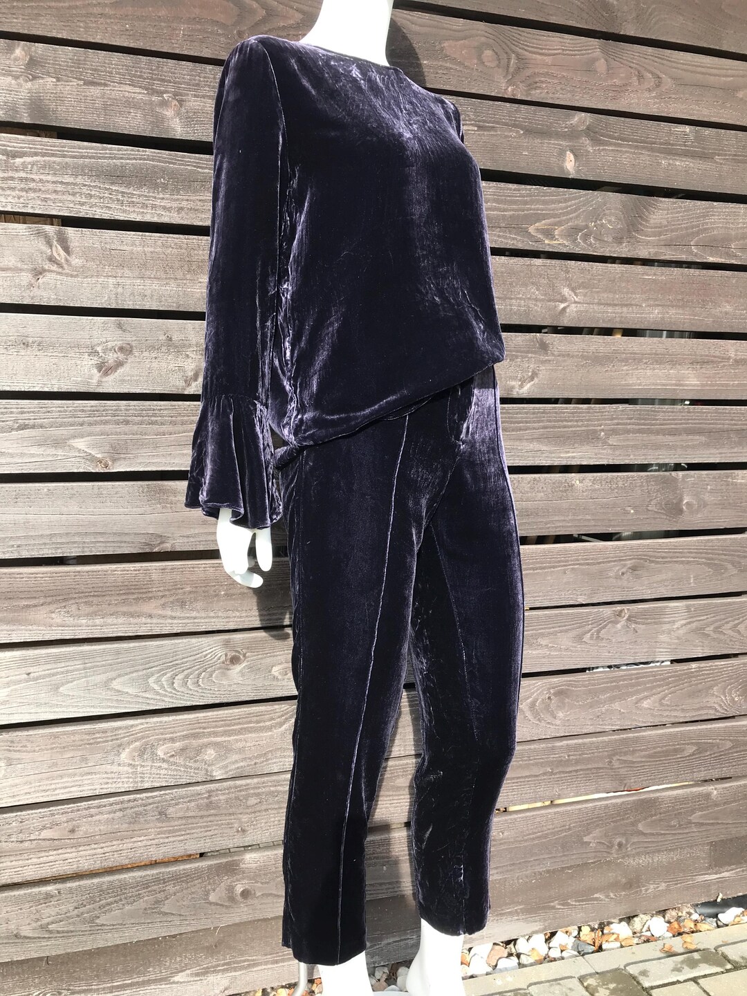 Vintage Women's Shiny Viscose Silk Two Piece Set Dark Purple Pants ...