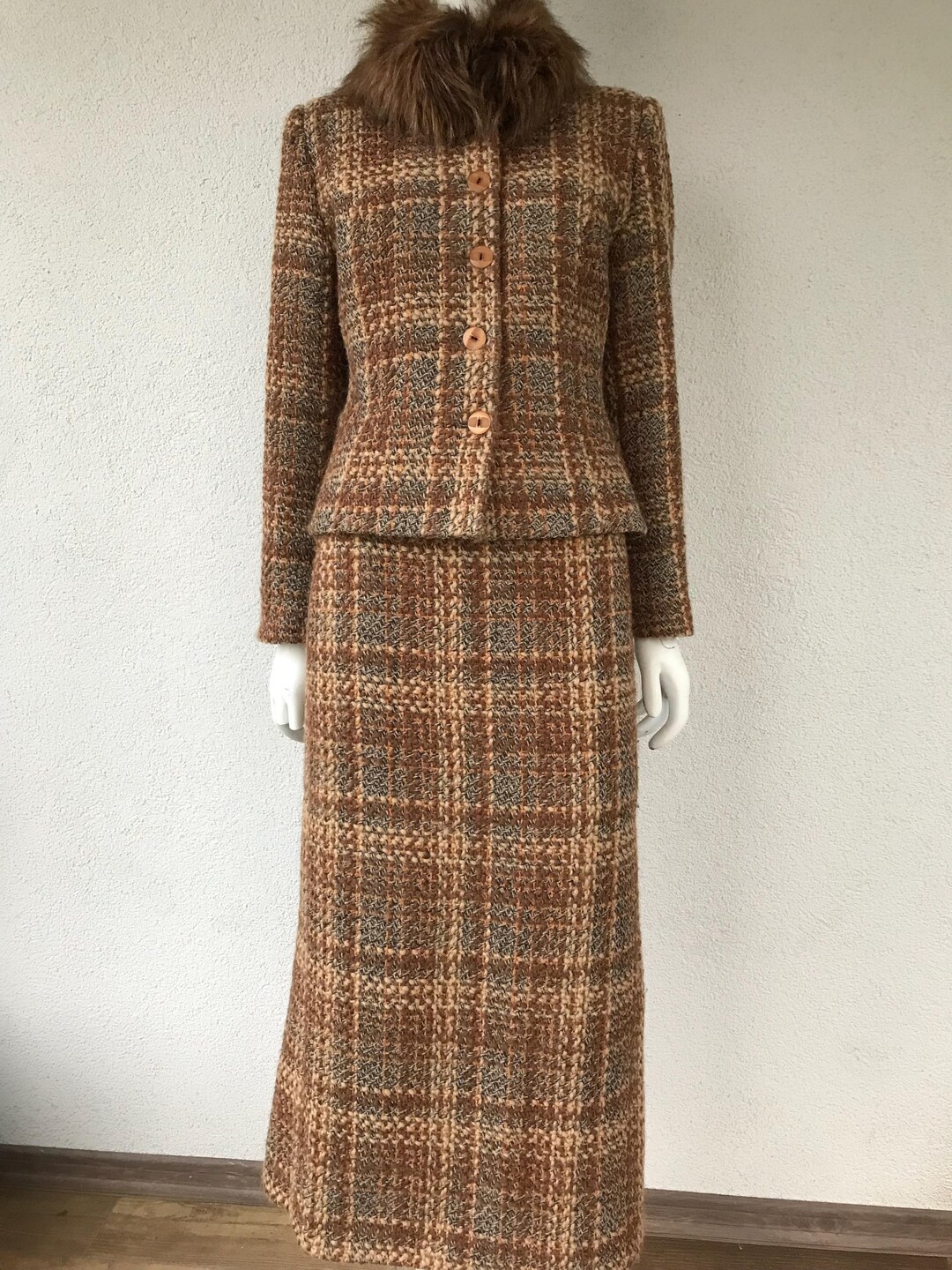 Vintage Women's Wool Two Piece Set Brown Beige Skirt Suit Retro 2 Piece ...