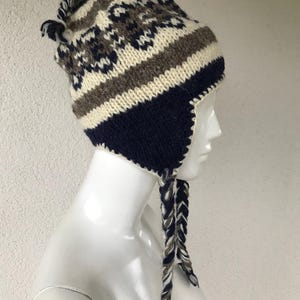 Vtg Woolen Cap With Ear Flaps Wool Knitted Cream Patterned Cap Winter ...