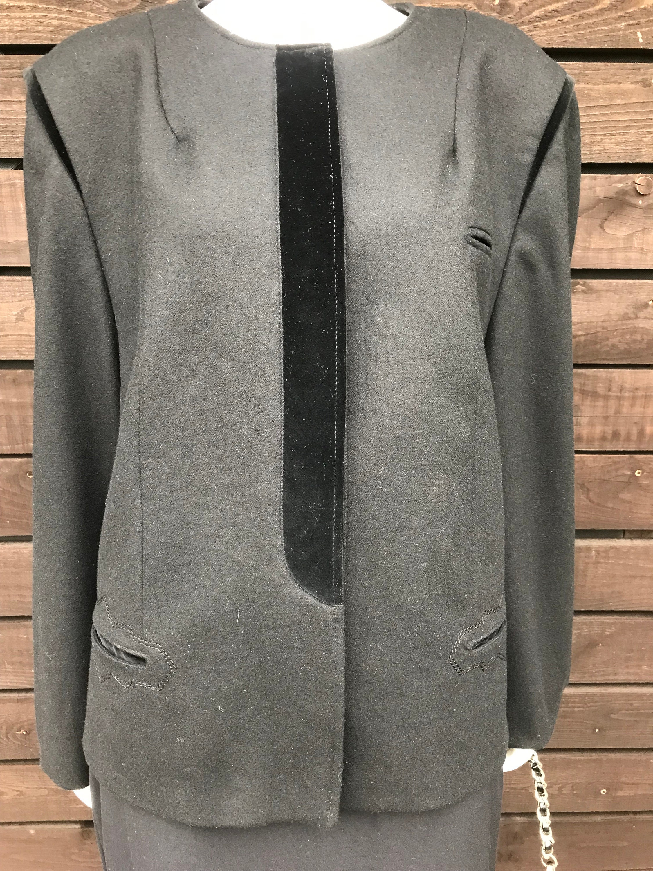 Vintage Black BASLER Wool Jacket Blazer With Velvet Long Sleeve Button ...