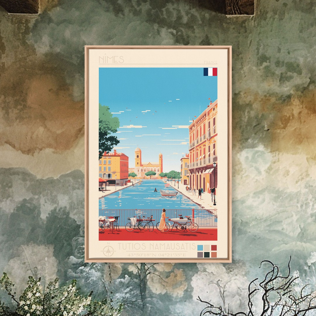 Nimes France Travel Poster Framed Canvas Print, Midcentury Modern Art ...