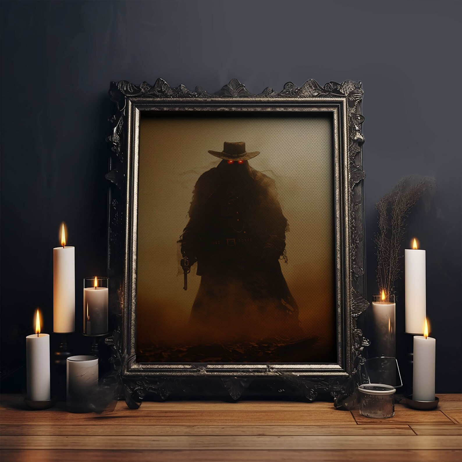 Mysterious Cowboy With Glowing Red Eyes in Desert Halloween Wall Art ...