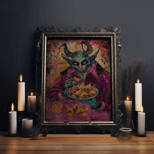 Spooky Demon Eating Chips Framed Canvas Print, Halloween Art, Unique ...