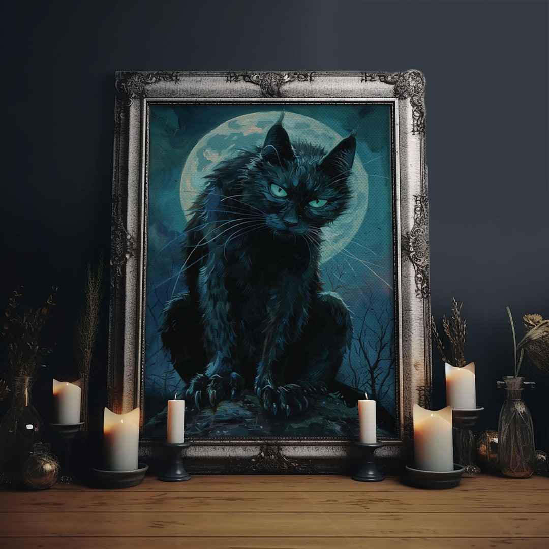 Black Cat With Piercing Eyes Against Full Moon | Halloween Wall Art ...