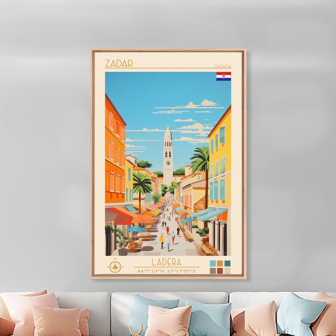 Zadar Croatia Travel Poster Framed Canvas Print, Midcentury Modern Art ...